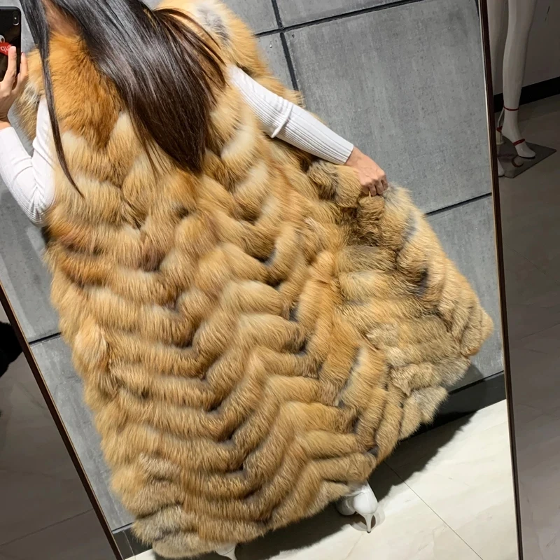 YOLOAgain Women's Luxury Real Fox Fur Vest Long Natural Fox Fur Jacket ...