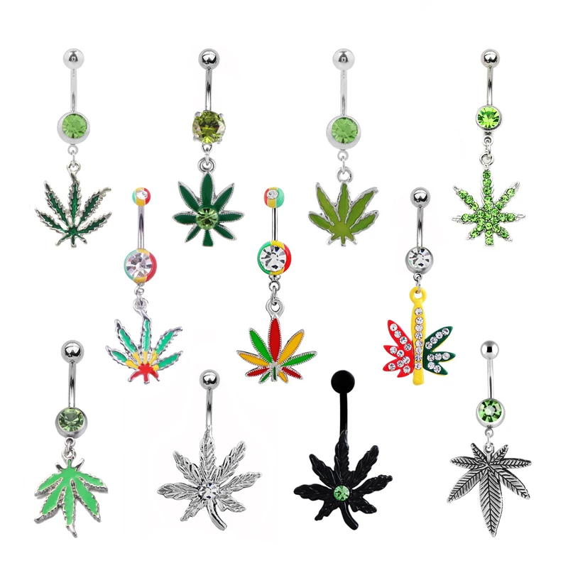 1PC Green Maple Leaf Belly Navel Ring Leaves Weed Dangle Belly Button Piercing Jewelry Surgical ...