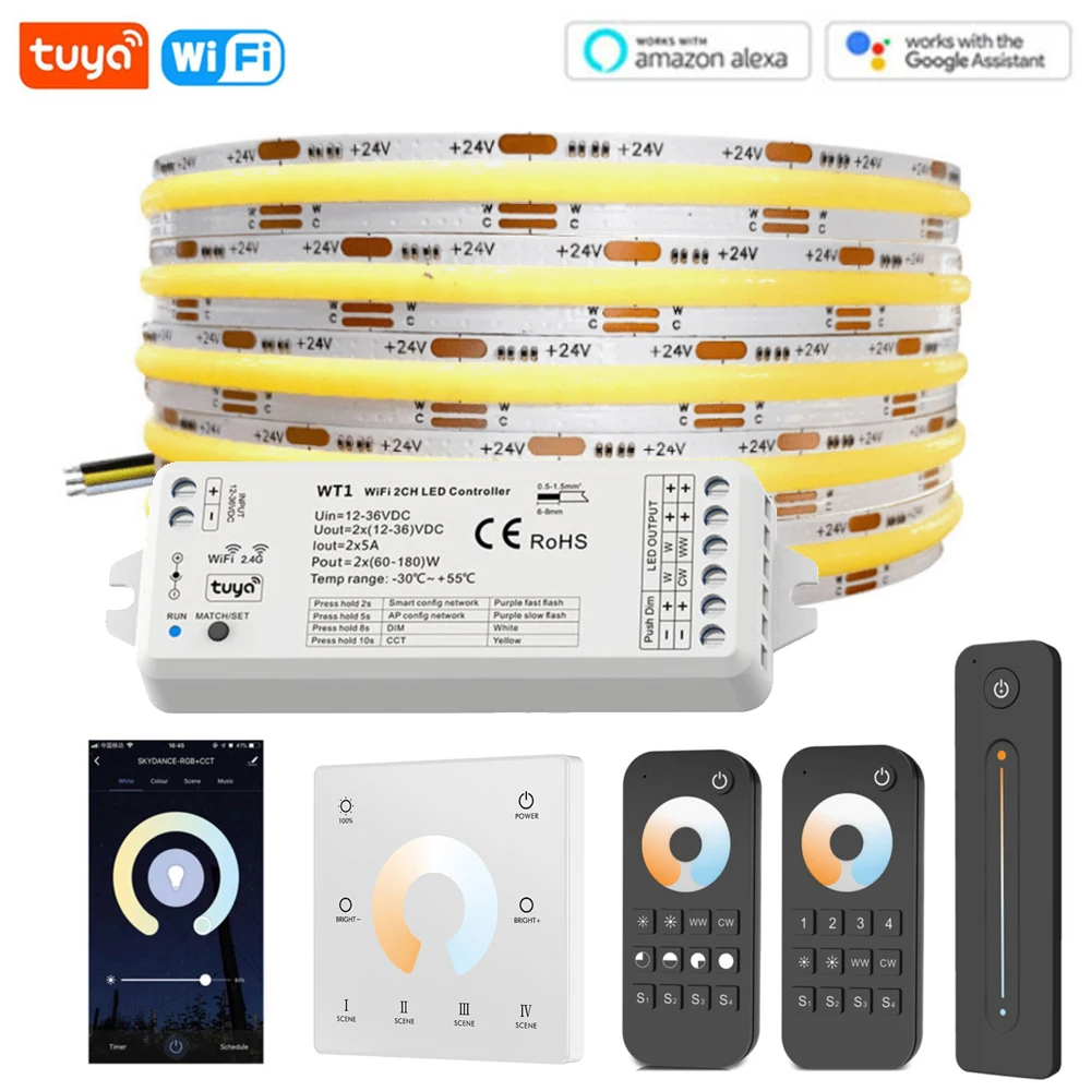 Tira-de-luces-LED-de-3500K-6500K-24V-Tuya-Wifi-CCT-COB-3-colores-RA90 ...