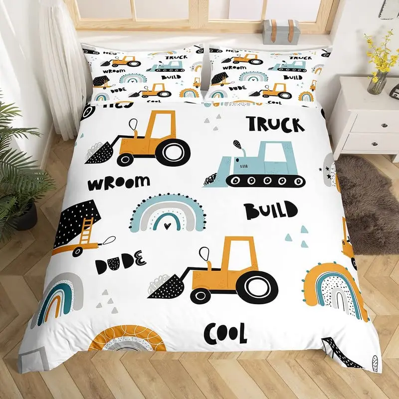 Truck-Excavator-Duvet-Cover-Set-Queen-Size-For-Kids-Nursery-Cartoon ...
