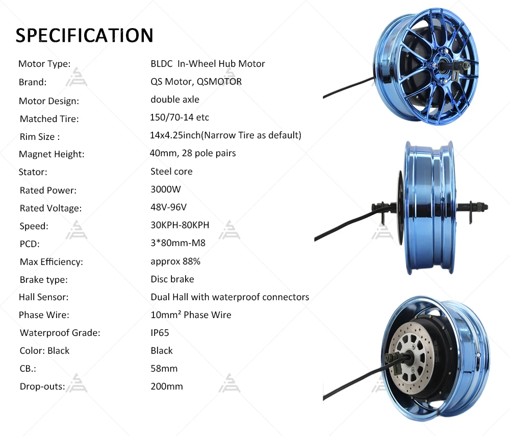 3000 Watt 72V 80KPH QS260 V1 BLDC Hub Motor with 14 inch Rim