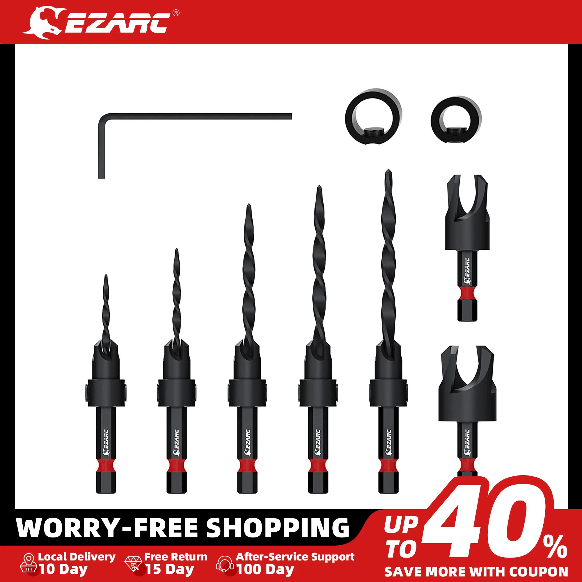 EZARC 10/7PCS Wood Countersink Drill Bit Set, Tapered Countersink Bit with 1/4" Hex Shank, Wood ...