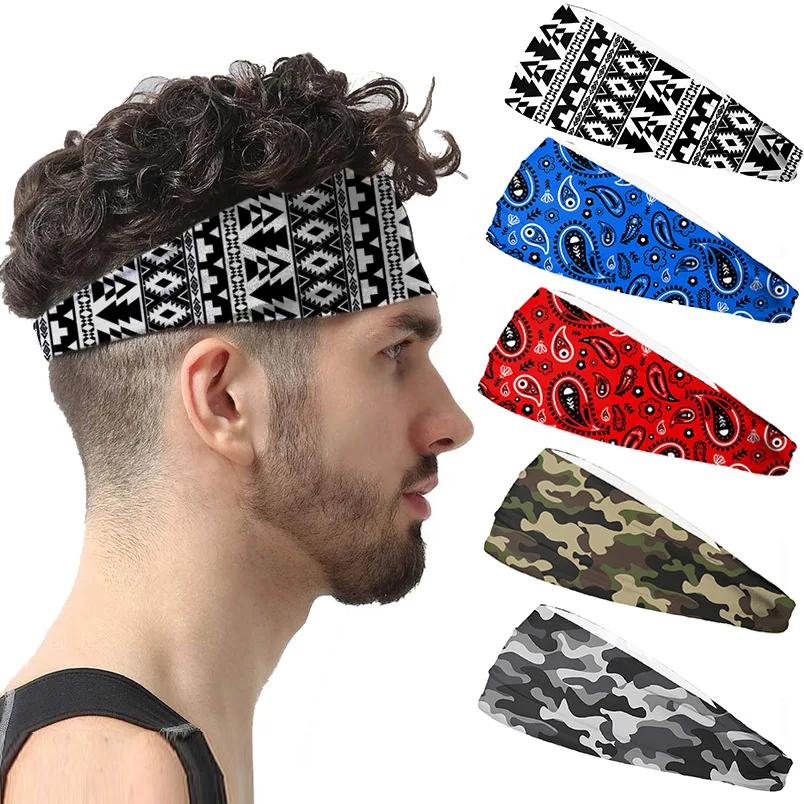Mens Headband Sports Sweatband Stretch Elastic Printed Wide Sports ...