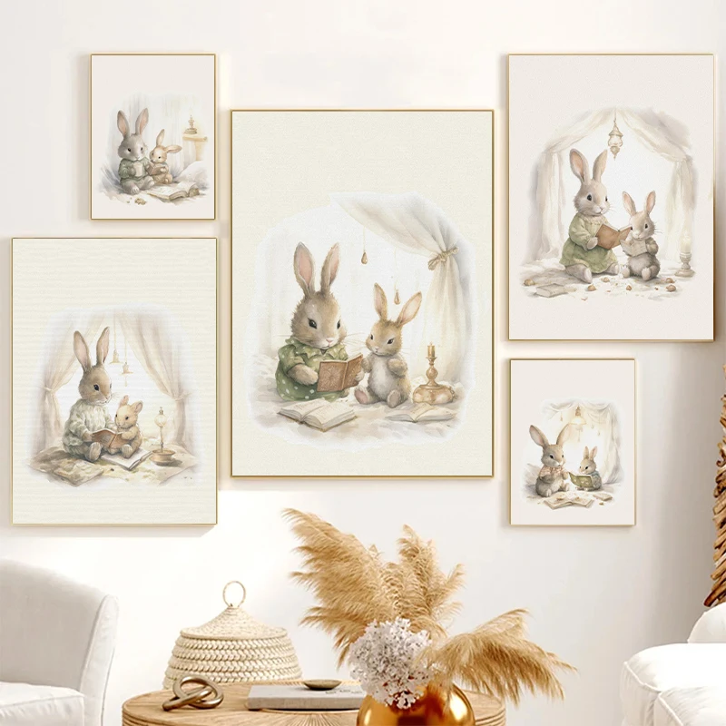 Cute Mother Rabbit Reading with Little Rabbit Posters Prints Canvas ...