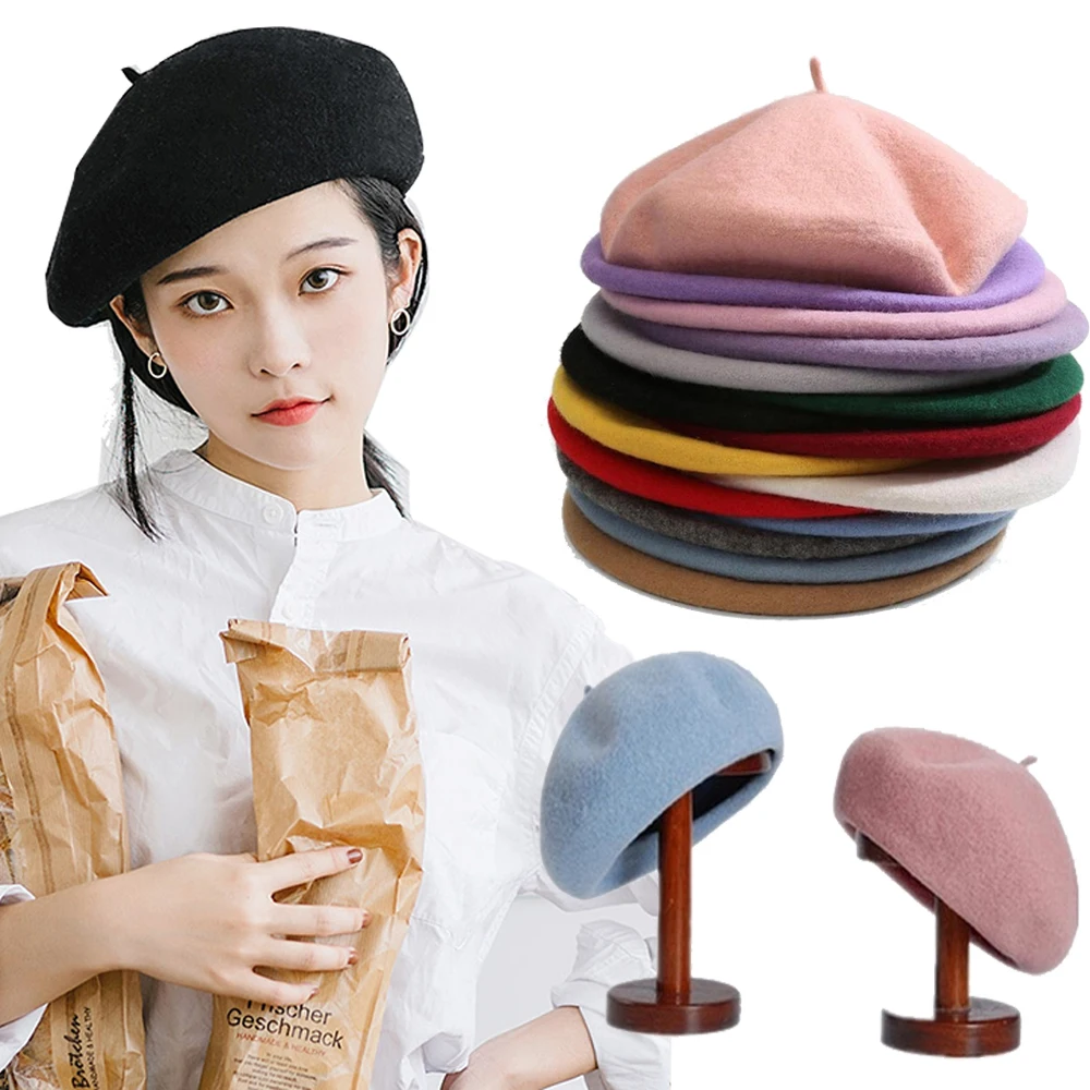Women Girl Beret French Artist Warm Wool Winter Beanie Hat Cap Vintage Plain Beret Hats Solid ...