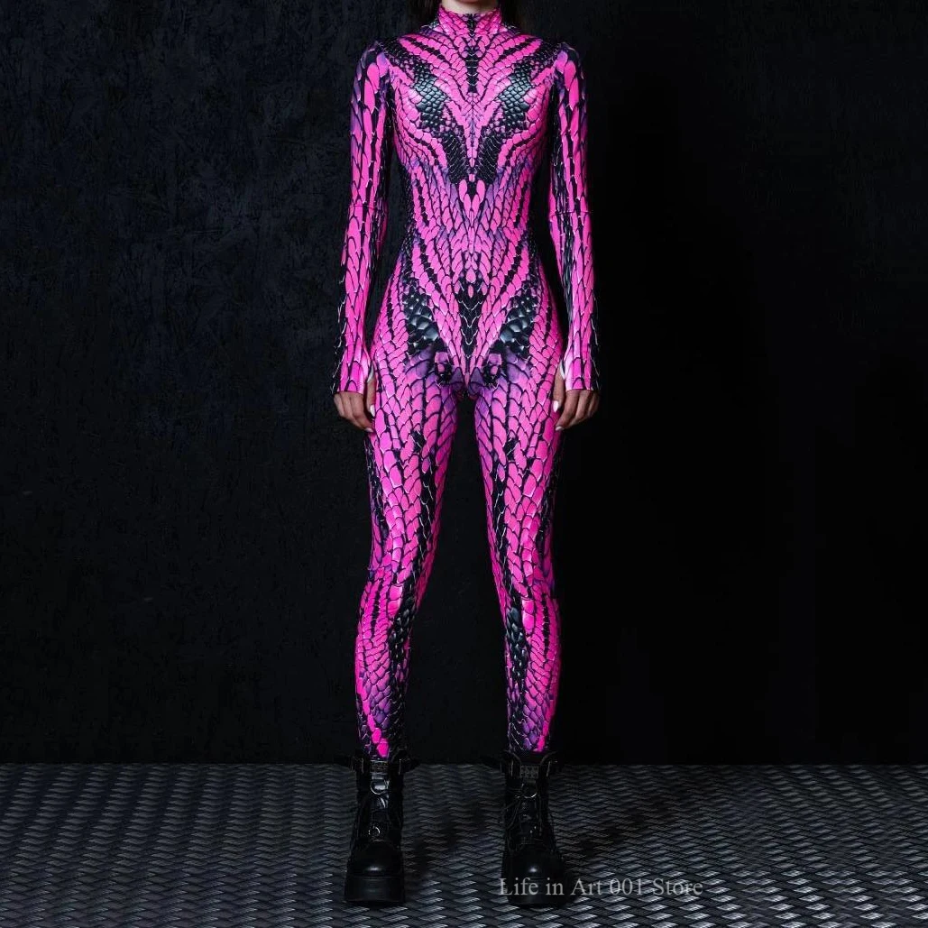 Women 3D Print Pink Lizard Skin Jumpsuit Cosplay Snake Bodysuit ...