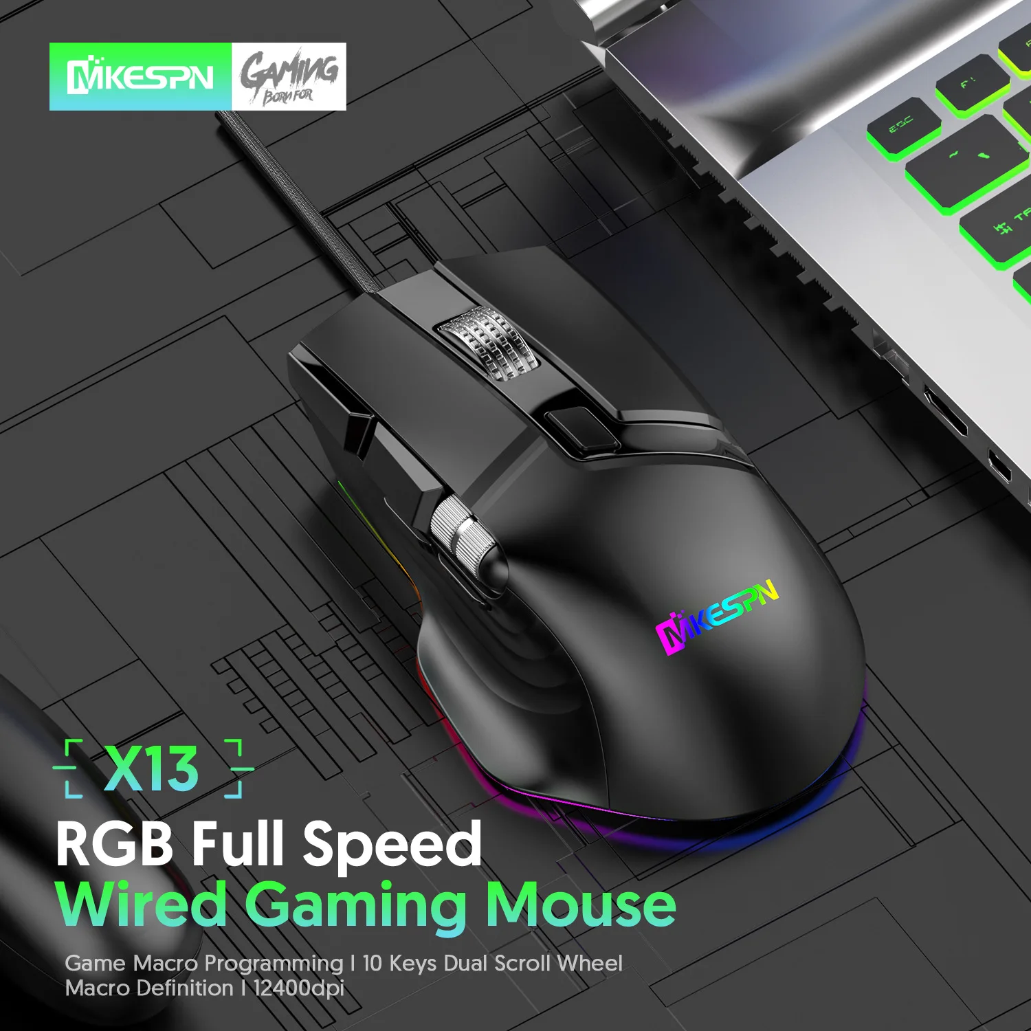X13-Gaming-Mouse-Wired-2-Wheels-12400DPI-6-Level-Adjustable-RGB-1000Hz ...