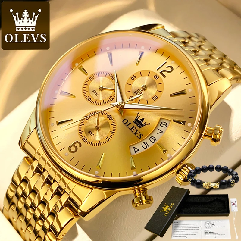 OLEVS Gold Watch For Men Top Luxury Brand Stainless Steel Diving ...