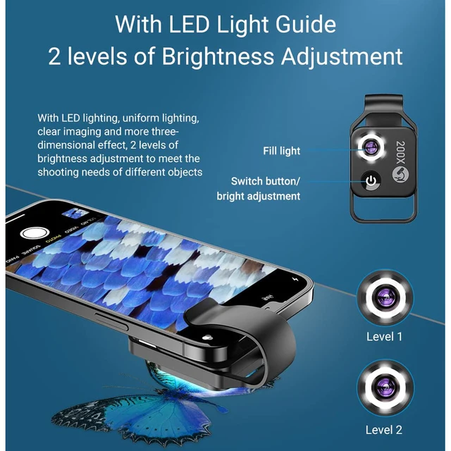 Clip On Phone Microscope 200X Phone Microscope With LED Light & CPL ...