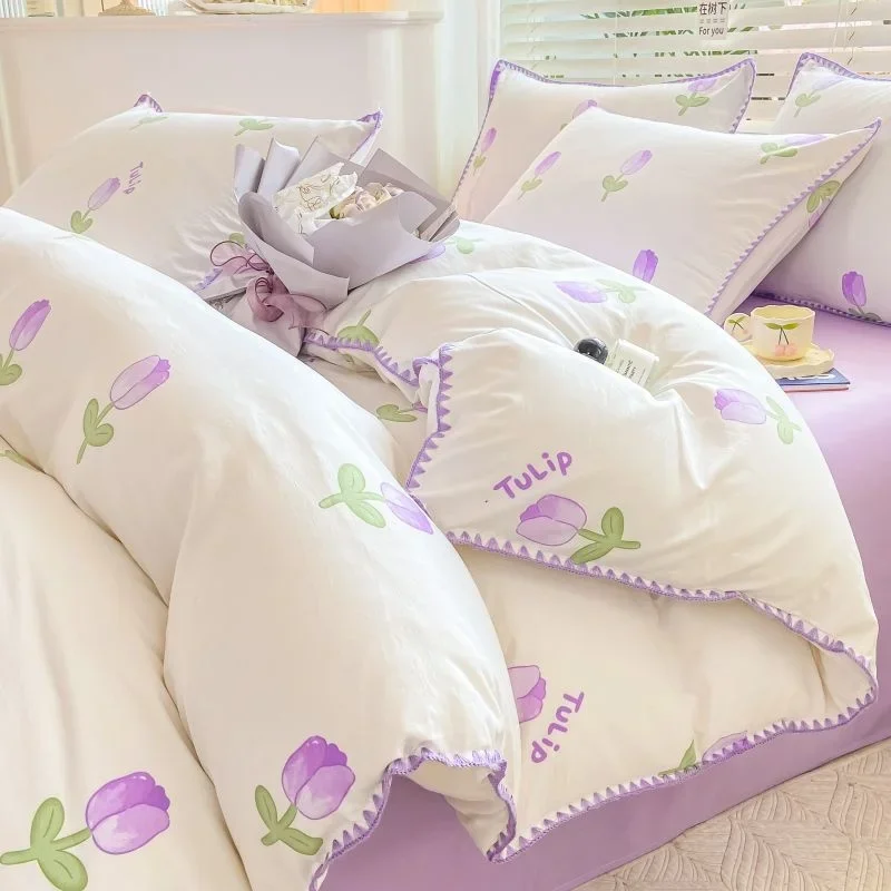 Korean-Style-Pink-Tulip-Bedding-Set-Sheet-Pillowcase-Girls-Women-Single-Twin-Full-Queen-Size ...