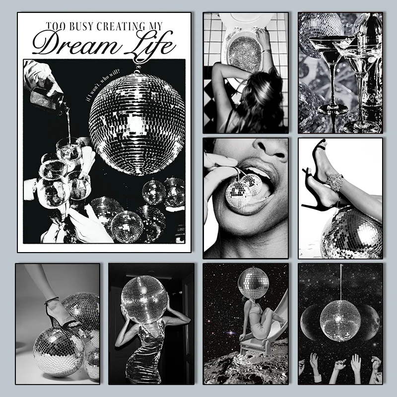 Disco Ball Dancefloor Disco Party Prints Black And White Fashion Poster ...
