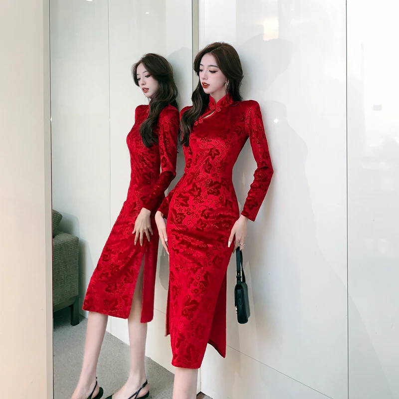 Chinese-Style-New-Year-Red-Dress-Elegant-Ladies-Sheath-Long-Sleeves ...