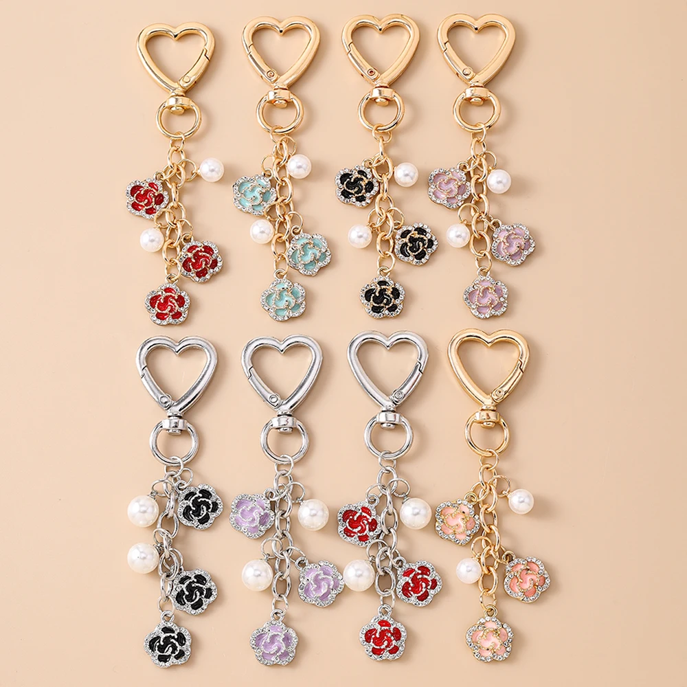 Pretty Rhinestones Flower Keychain Women Girls Pearl Key Ring Pendants ...