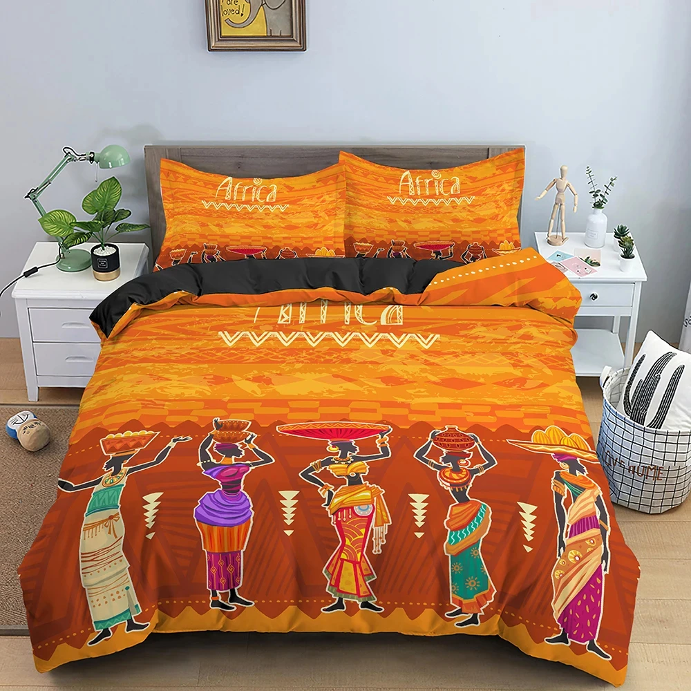 African Ethnic Bedding Set Orange Bohemian Style Duvet Cover King Queen ...