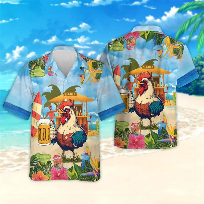 Harajuku Fashion Rooster Graphic Beach Shirt Casual Farm Tropical ...