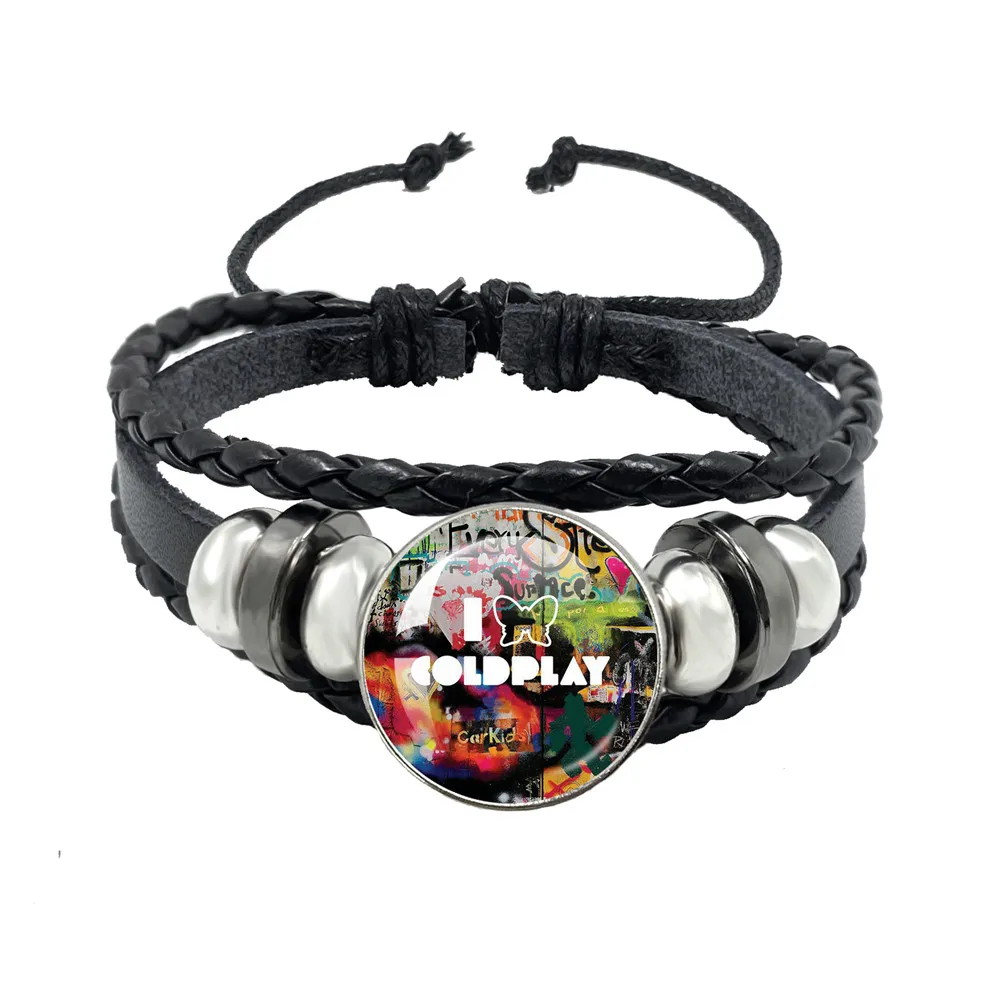 Rock-Coldplay-pulsera-de-cuero-de-cuerda-negra-brazalete-con-bot-n ...
