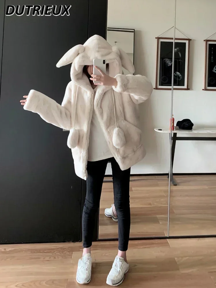 Pocket-Zipper-Rabbit-Ears-Hooded-Plush-Coat-Women-s-Cute-Winter-Mid ...