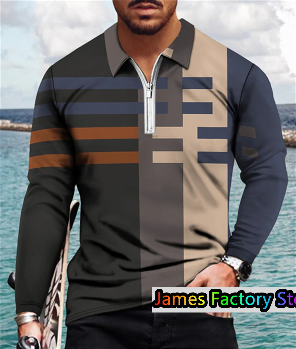 Polo-de-manga-comprida-masculino-z-per-lapela-impress-o-3D-listrado-pul ...