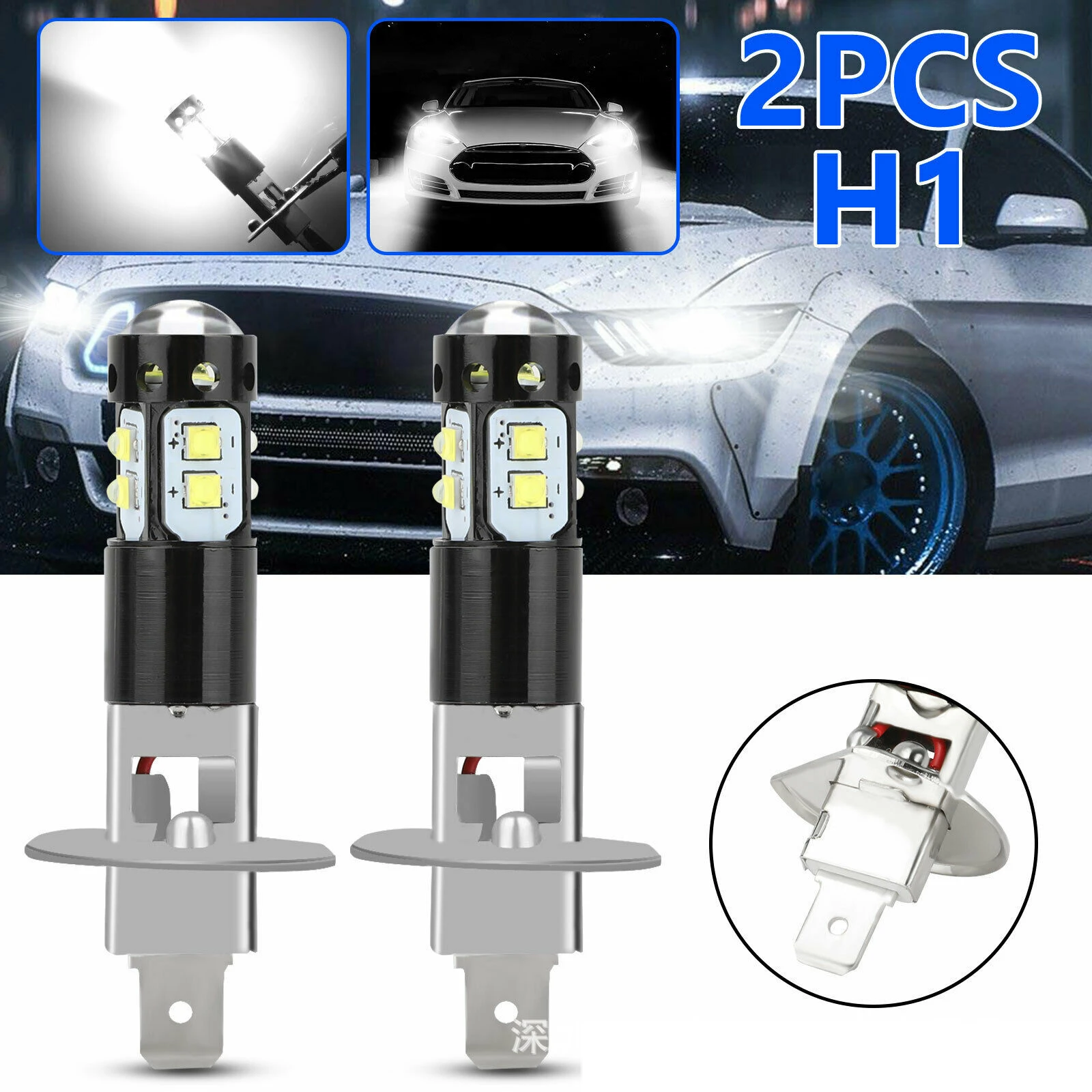 2Pcs H1 H3 Car LED Headlight LED Fog Light Bulbs 100W 12000LM Auto ...