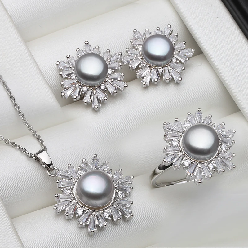 Real-White-Black-Freshwater-Natural-Pearl-Set-Women-Wedding-925 ...