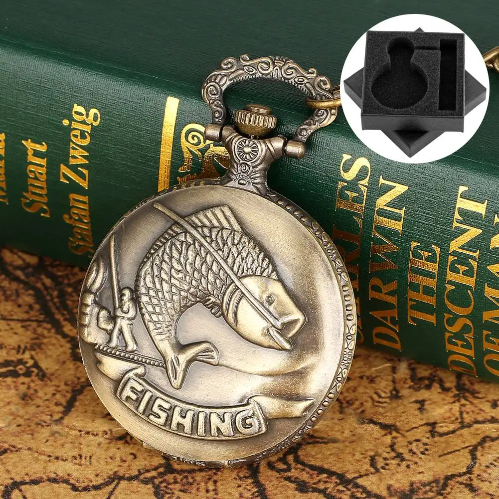 Vintage Bronze/Silver Quartz Pocket Watch Fishing Pattern Necklace ...