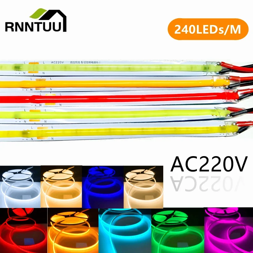 10W/M Ultra-high Power 220V COB LED Strip Light 10m Flexible Tape Light ...