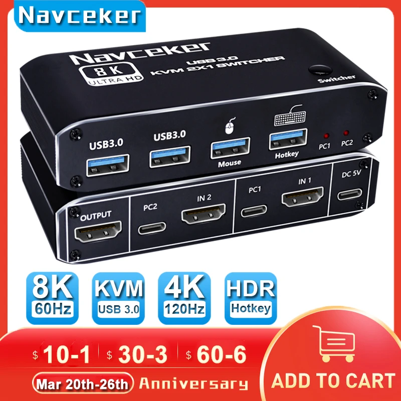 Navceker 8K KVM Switch HDMI compatible 4K 120Hz 2 Port HD KVM Switcher Box USB for Shared ...