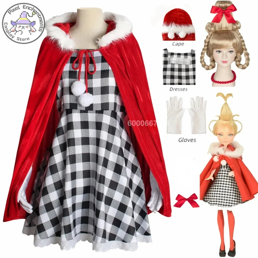 Cindy-Lou-Who-Cosplay-Costume-Red-Hood-Cloak-Plaid-Dress-Green-Braid ...