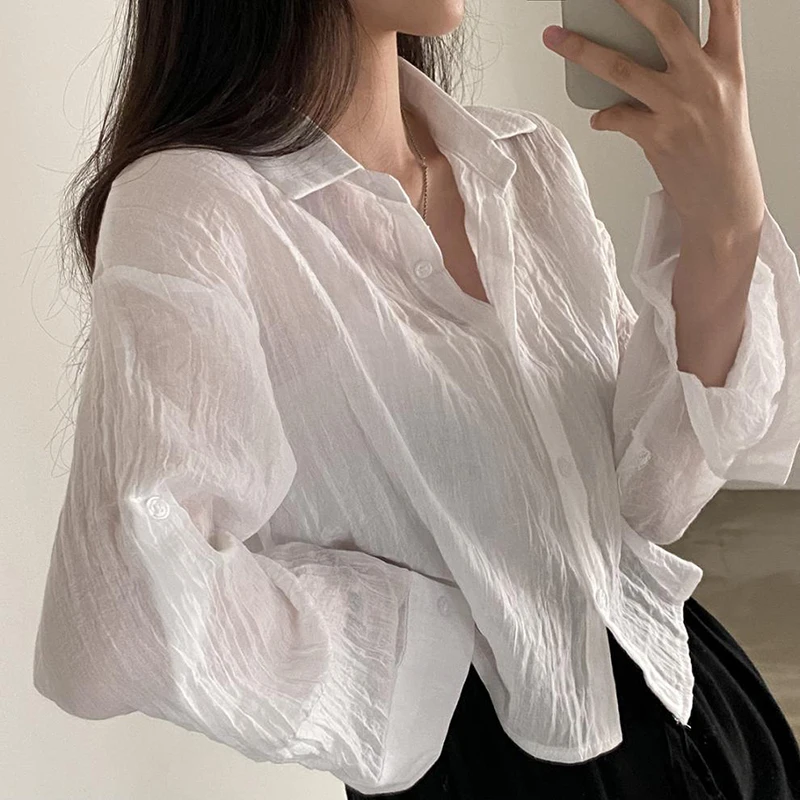 Gidyq-Korean-Sexy-Translucent-Shirt-Women-Fashion-Folds-Loose-Long ...