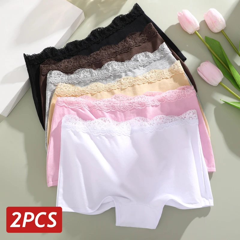 2PCS-Ladies-Cotton-Solid-Color-Boxers-Briefs-Women-Sexy-Lace-Low-Rise ...