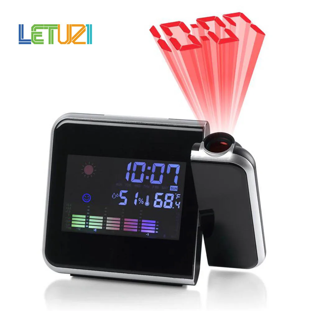 Lcd digital projetor alarme relógio de mesa temperatura e umidade calendário data display led ...