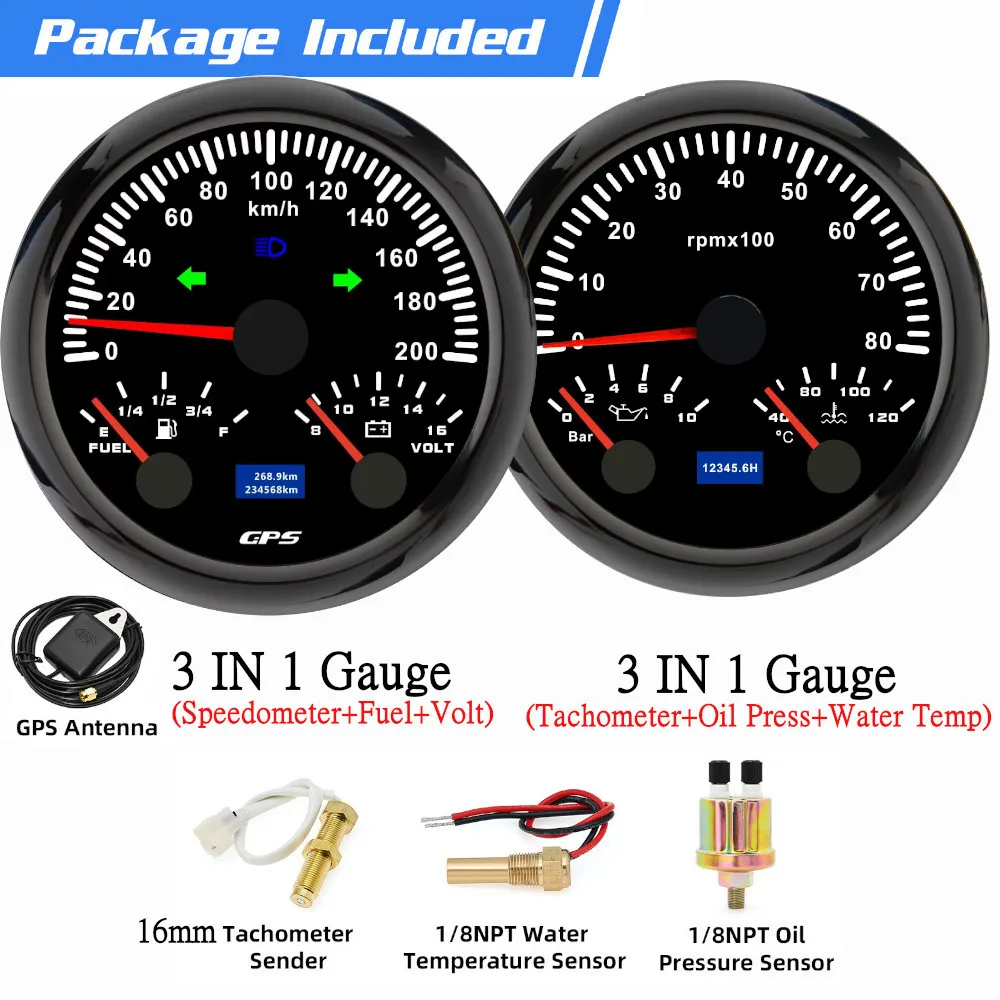 2-Gauges-Set-With-Sensors-Kit-85mm-3-IN-1-Gauge-120kmh-200km-H-GPS ...