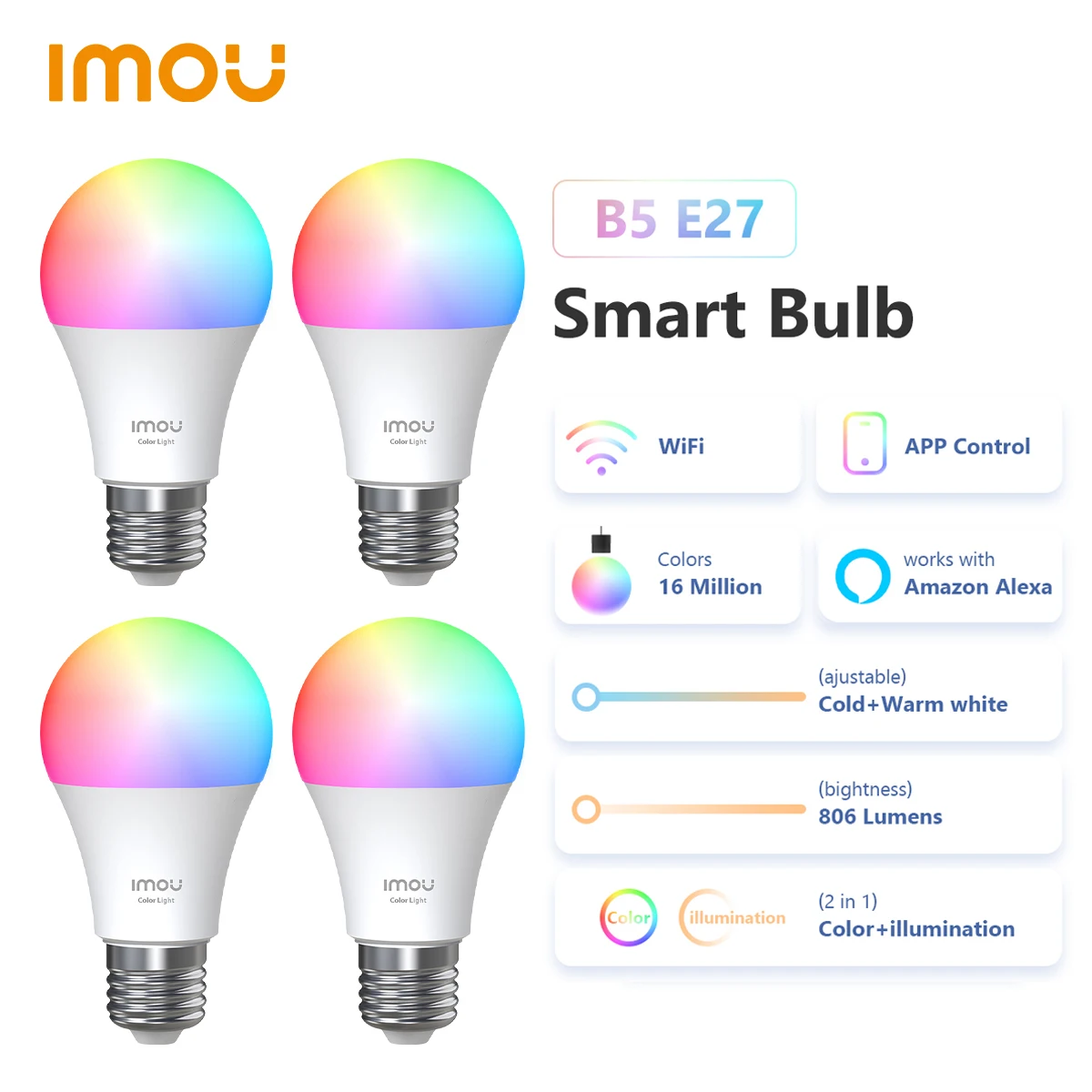IMOU 4pcs B5 Smart LED Bulb E27 220V Light RGB Warm/Cool White Lamp ...