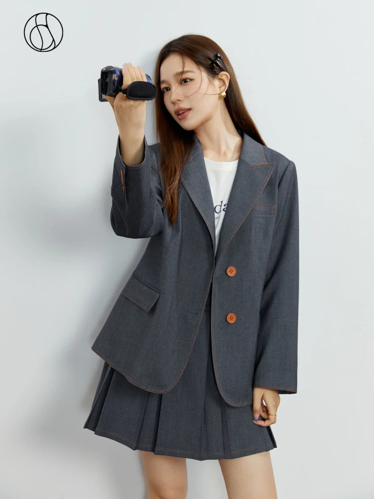 DUSHU-Women-Blazer-Skirt-Sets-Notched-Collar-Grey-Blue-Commuter-Single-Breasted-Women-Blazers ...