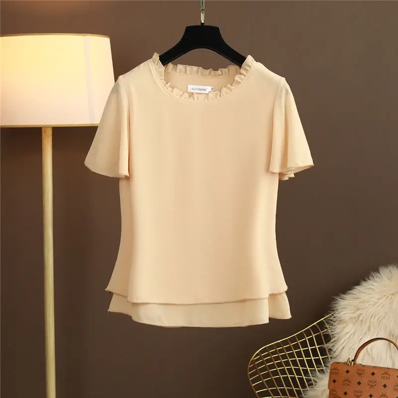 Solid-Color-Summer-Casual-Chiffon-Ladies-Tops-Simplicity-Short-Sleeve ...