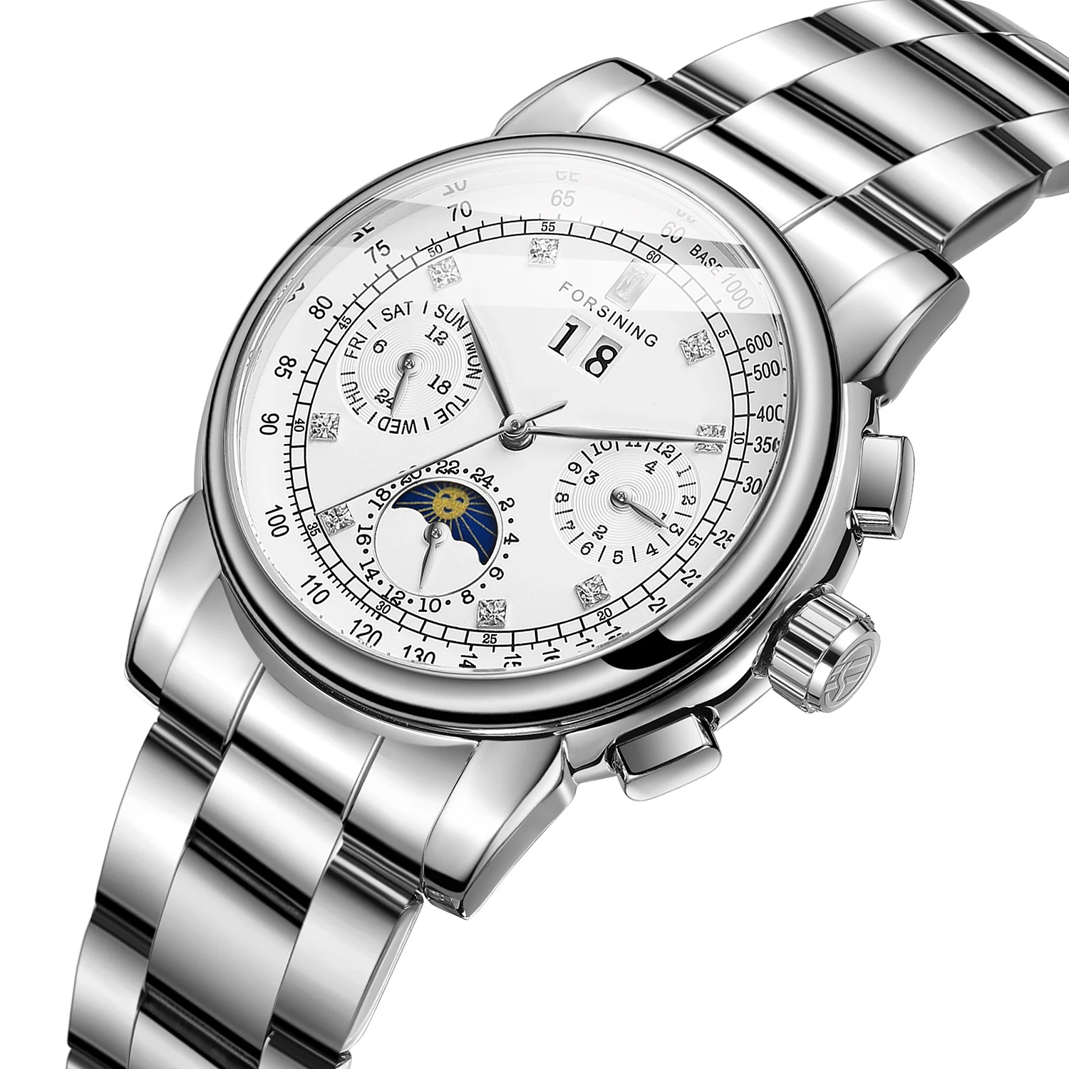 Moon Phase Shanghai Movement Silver Tone Case Stainless Seel Band Mens ...