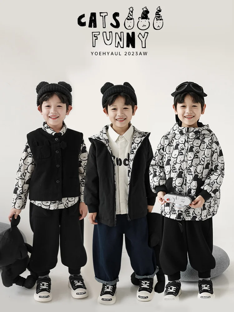 Autumn-New-Boys-Cat-Printed-Handsome-Shirt-Children-s-Two-Sided-Coat ...