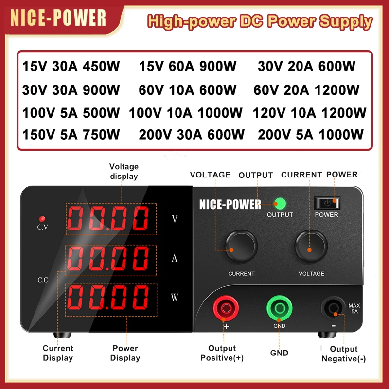 Nice-power 120V 10A 1200W High Voltage DC Power Supply 30V 30A ...