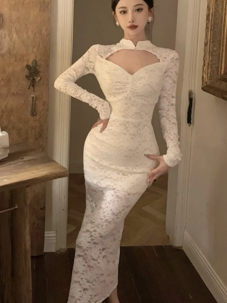 Sexy-Lace-Midi-Dresses-For-Women-Long-Sleeve-Hollow-Out-Wrapped-Hip ...