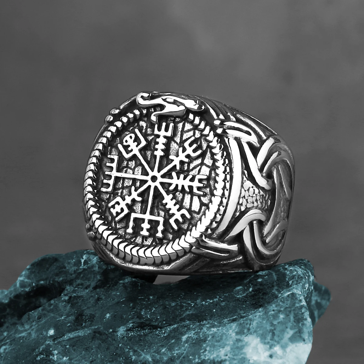316L Stainless Steel Viking Dragon and Helm of Awe Ring Men Pagan Odin ...
