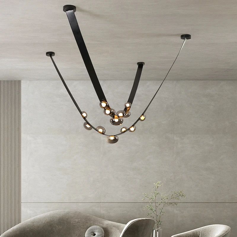 Modern-Led-Smoke-Glass-Pendant-Light-Designer-Leather-Belt-Chandelier ...