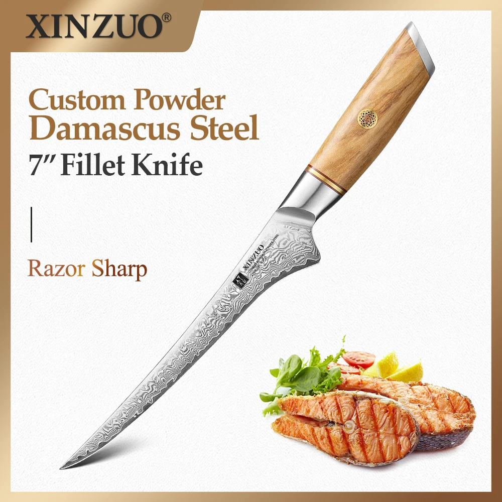 XINZUO Original Design 7 Inch Fillet Knife Custom Powder Damascus Steel ...