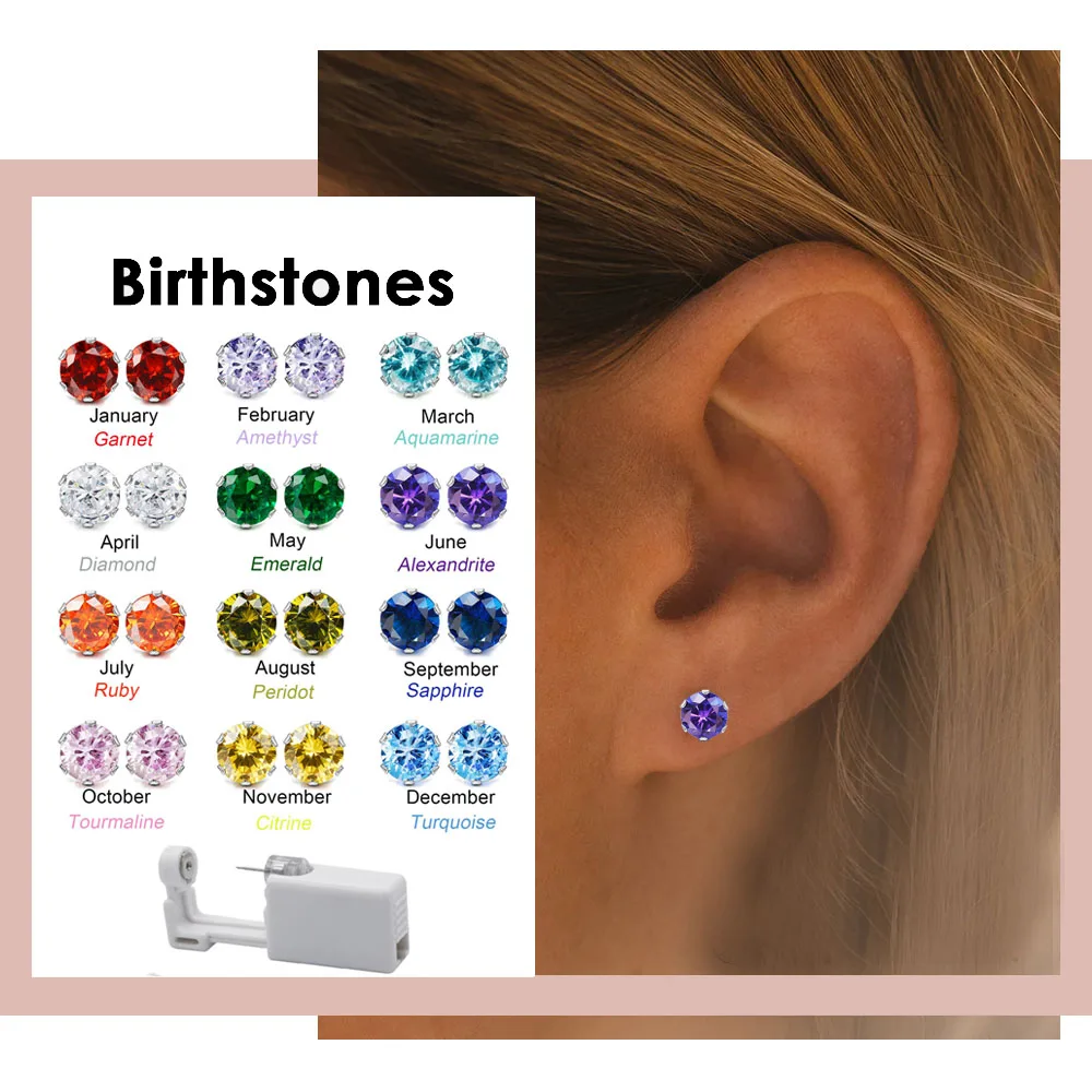 316-Stainless-Steel-Birthstone-Ear-Stud-Piercing-Gun-Silver-Color-Push ...