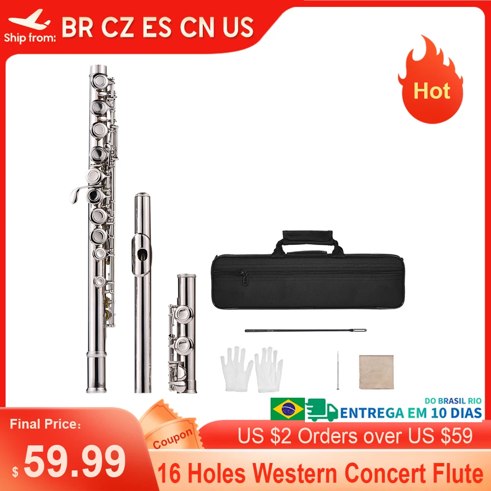 Western-Concert-Flute-Nickel-Plated-16-Holes-C-Key-Cupronickel-Woodwind ...