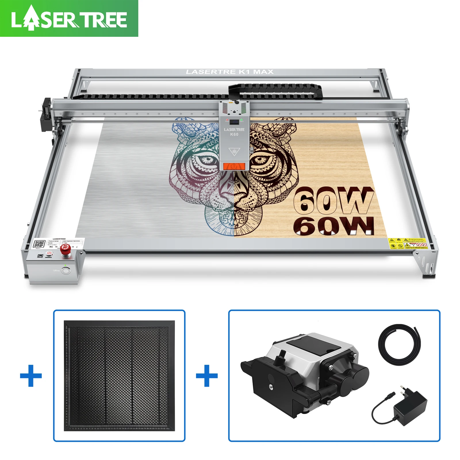 LASER TREE K1 MAX 60W grabador láser con bomba de aire, Panel de panal ...