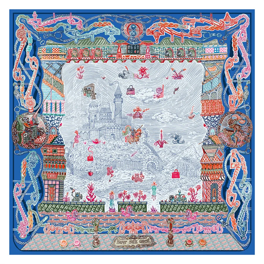 90CM-Silk-Scarf-Women-Castle-Print-Square-Scarves-Head-Echarpes-Silk ...