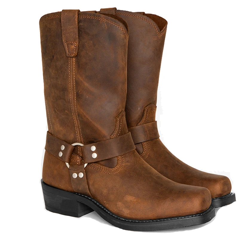 Men-Boots-Cowboy-Knight-Boots-Yellow-Calf-Mid-Belt-Buckle-Square-Head ...