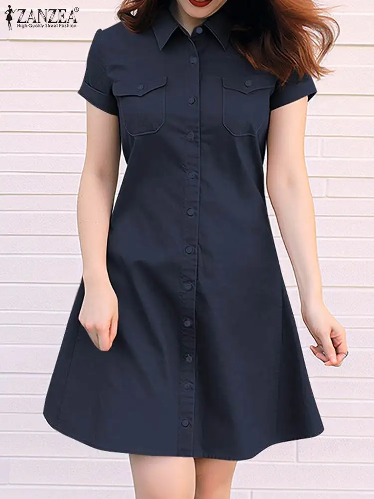 Fashion Summer Lapel Neck Short Sleeve Sundress Zanzea Women Elegant