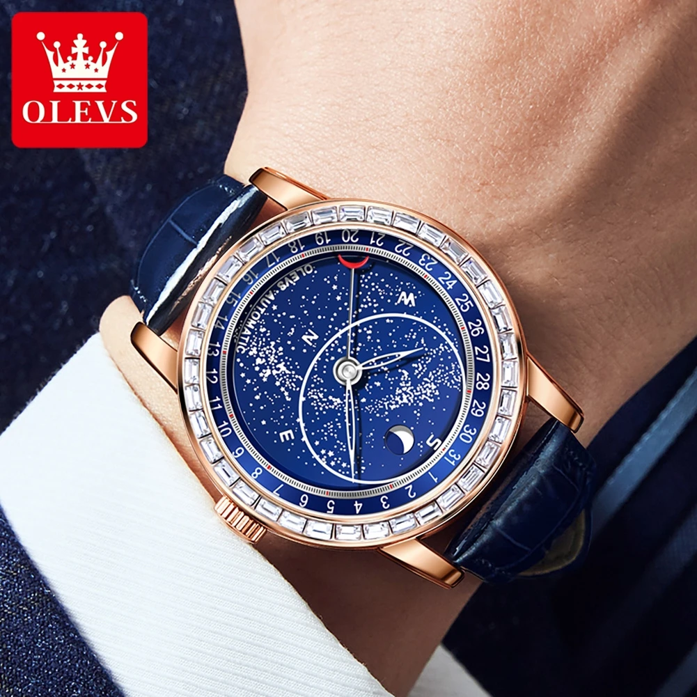 OLEVS Original Mechanical Watch for Men 43.5mm Dial Luminous Starry Sky ...