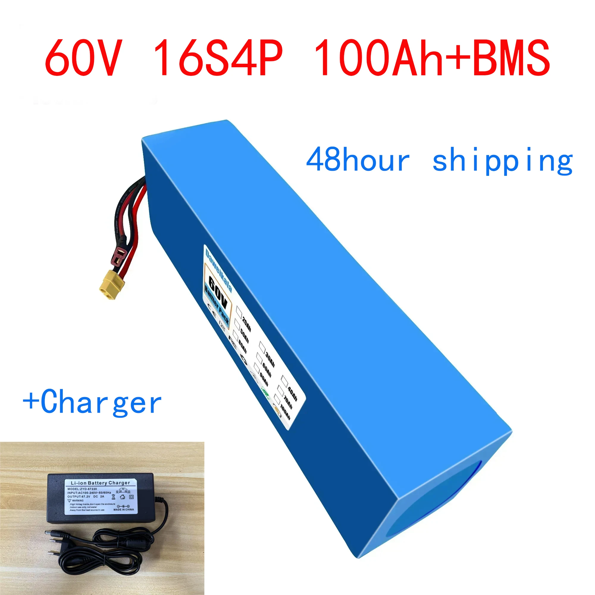 60V 16s4p 100000mAh 2000W electric battery, built-in 50A BMS+charger ...